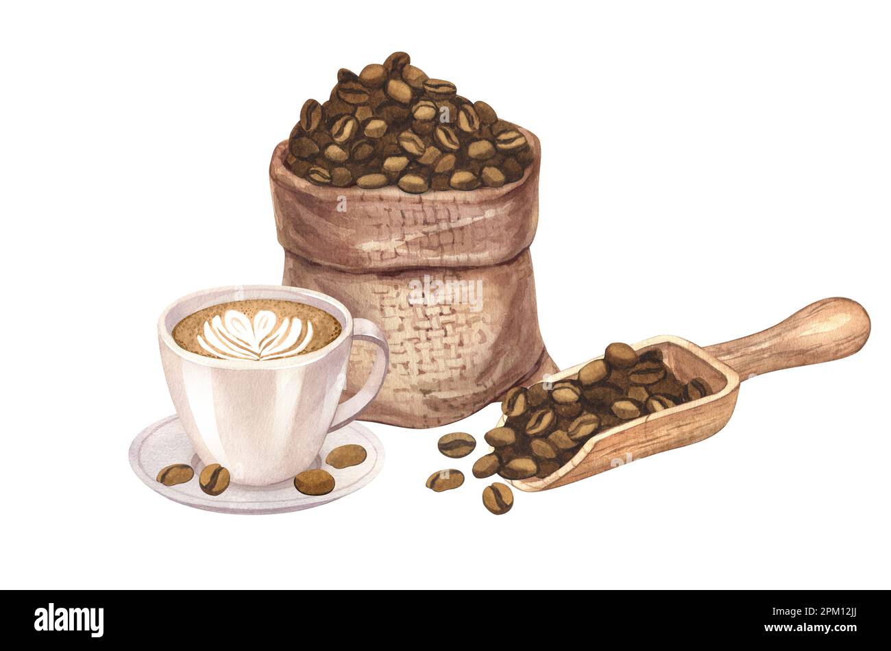 Watercolor burlap sack with brown roasted coffee beans wood scoop with grains and latte coffee ...
