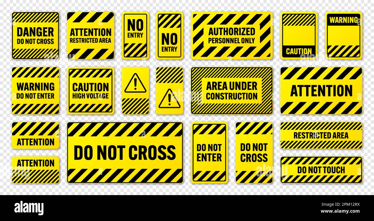 Various black and yellow warning signs with diagonal lines. Attention ...