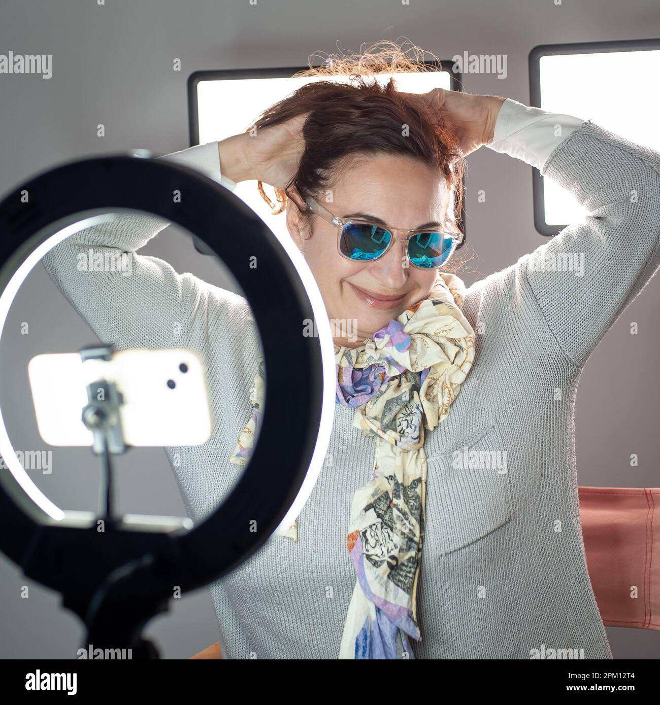 Portrait of stylish good-looking female blogger, lifestyle internet ...