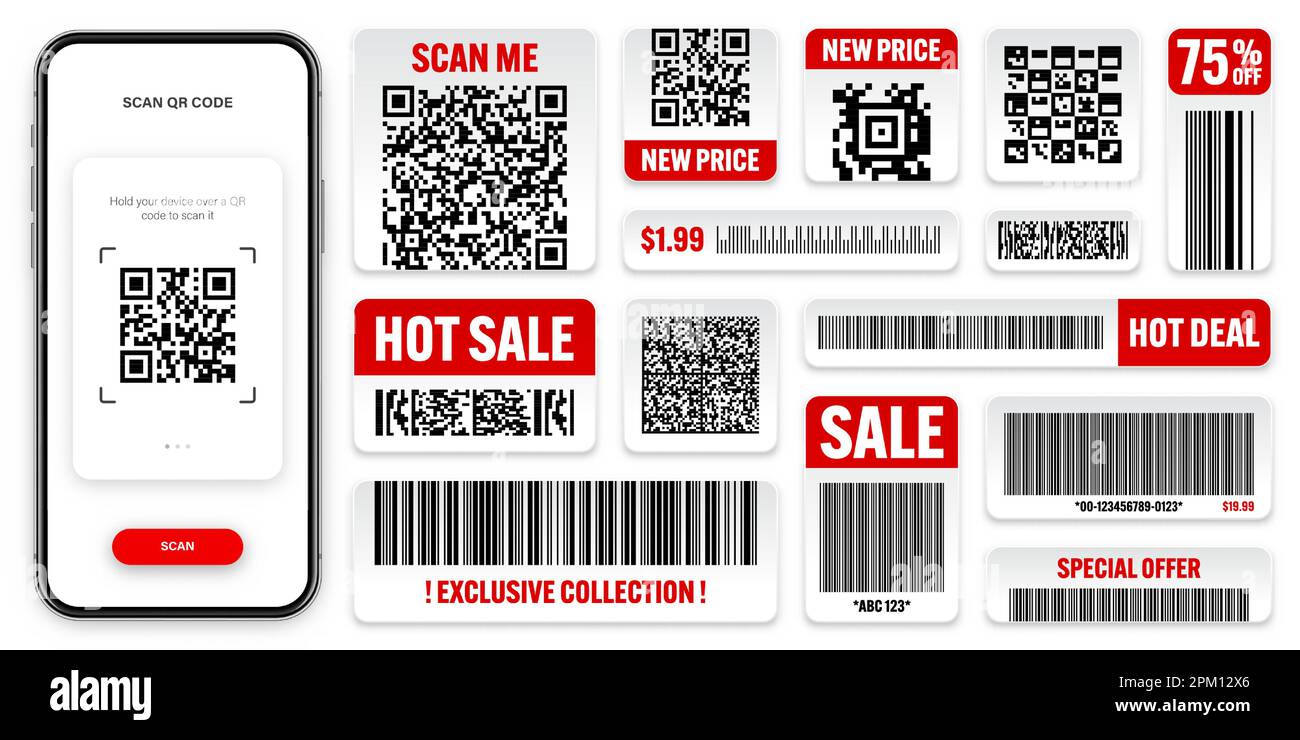 Product barcodes and QR codes. Smartphone application, scanner app. Sale stickers, discount ...