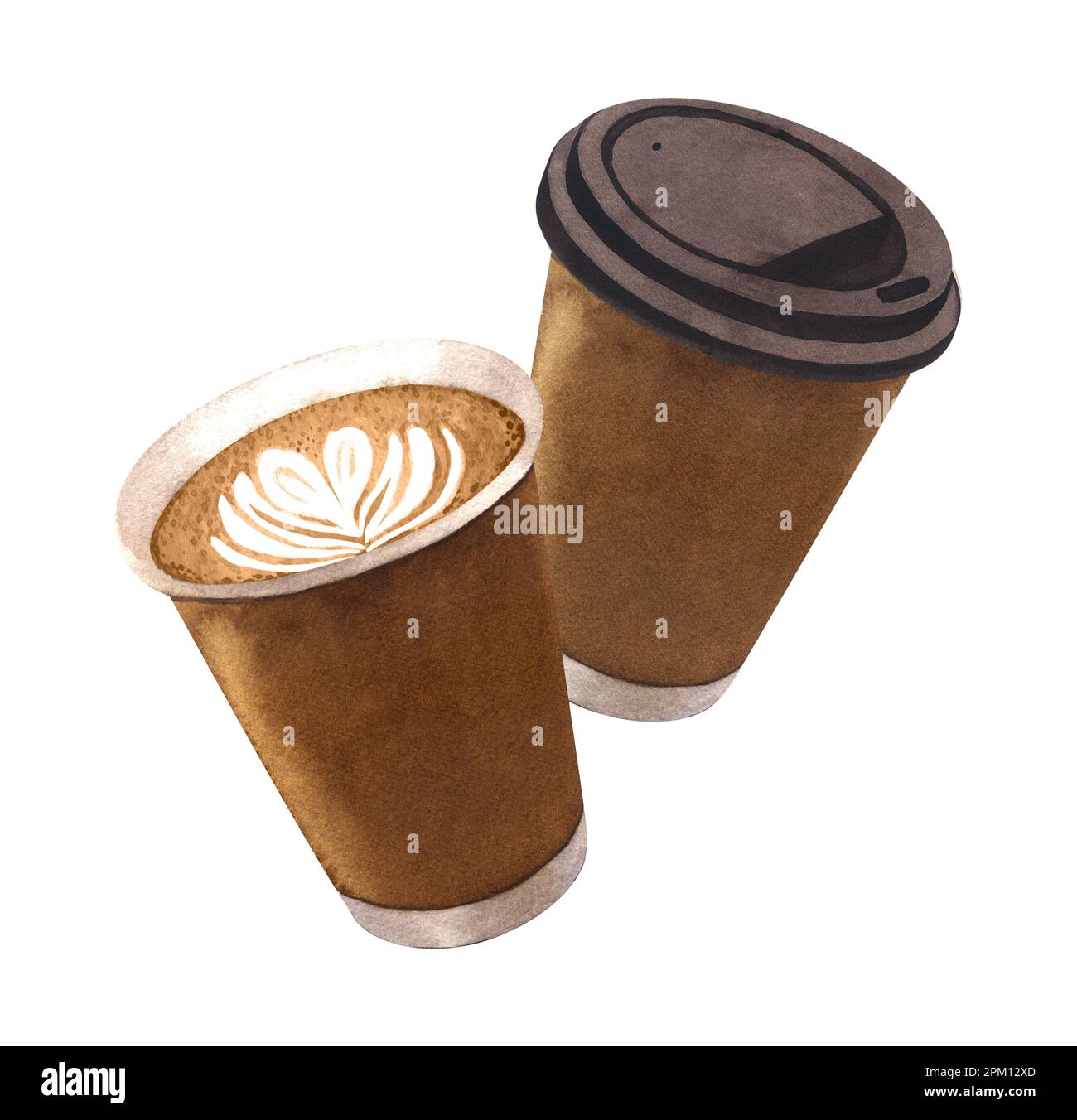 Watercolor two disposable craft paper coffee latte cup takeaway. Hand ...