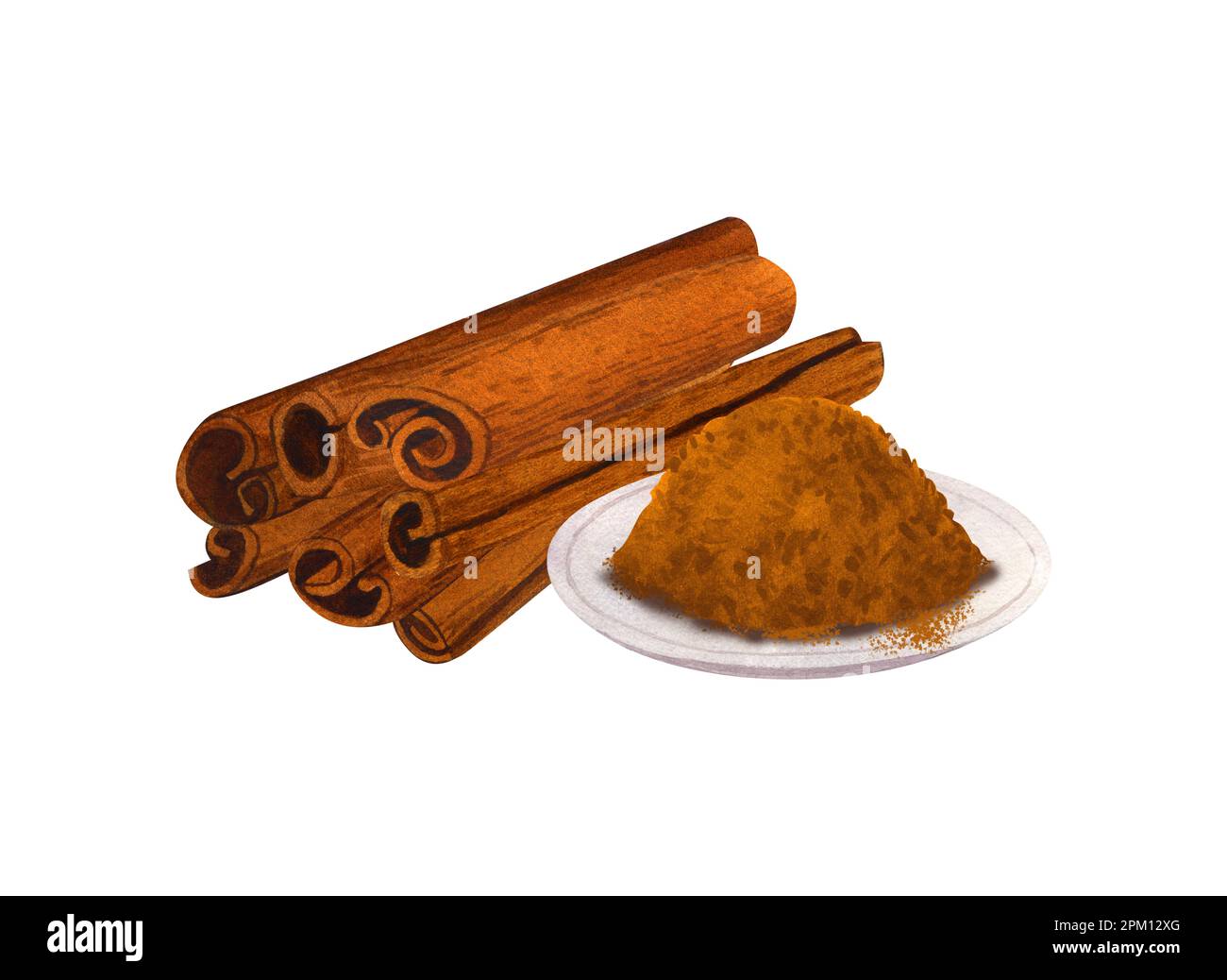 Watercolor cinnamon sticks and ground spice. Hand-drawn illustration ...