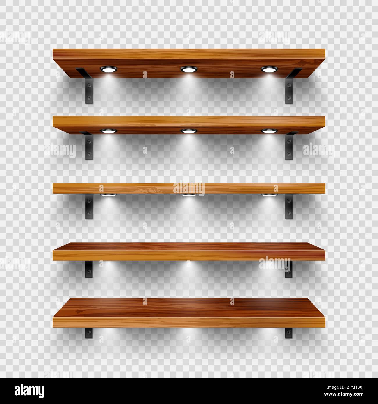 Realistic wooden store shelves with wall mount and lighting, spotlights ...