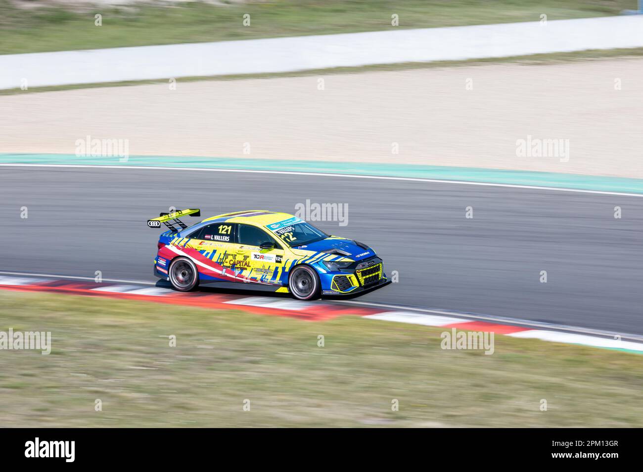 Oschersleben, Germany, April 9, 2023: Scenic motion blur view fast Audi ...