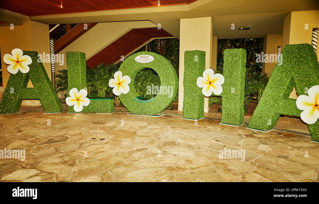 Waikiki, Oahu, Hawaii, USA, - February 6, 2023:Large Lighted Aloha Sign ...
