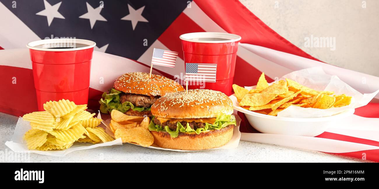 American traditional food and USA flag on light background. Memorial ...