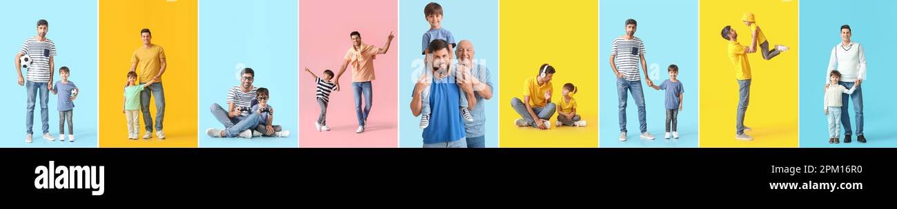 Collage of happy fathers and their sons on color background Stock Photo ...