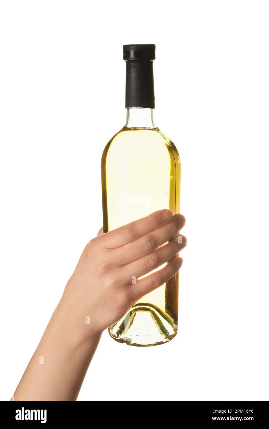 Female hand holding bottle of wine isolated on white background Stock ...