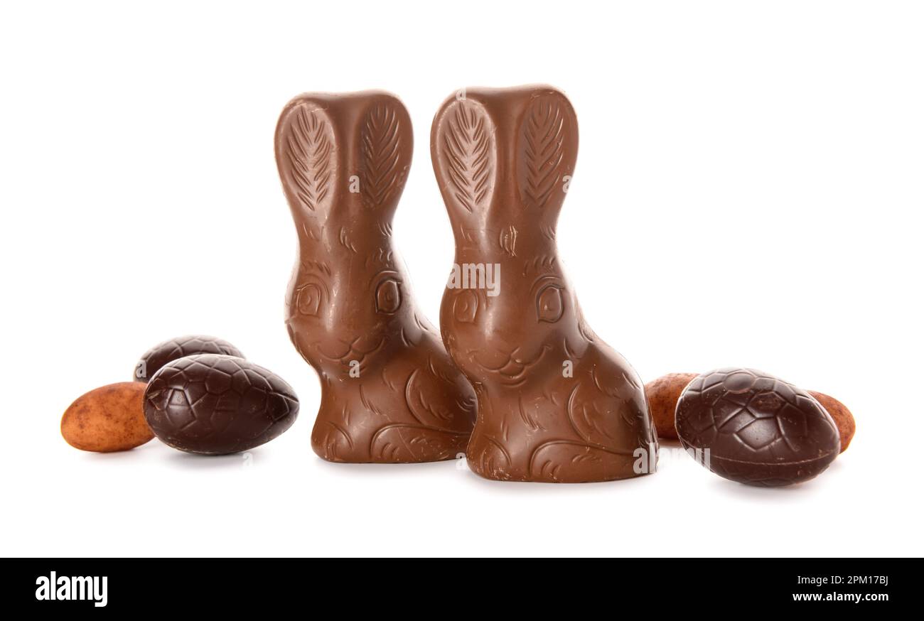Chocolate Easter eggs and bunnies isolated on white background Stock ...