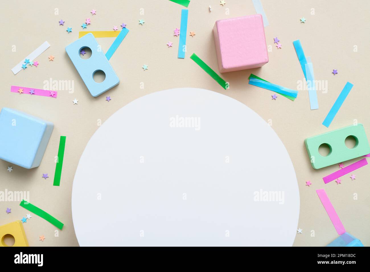 Blank card with baby blocks and confetti on beige background. Children ...