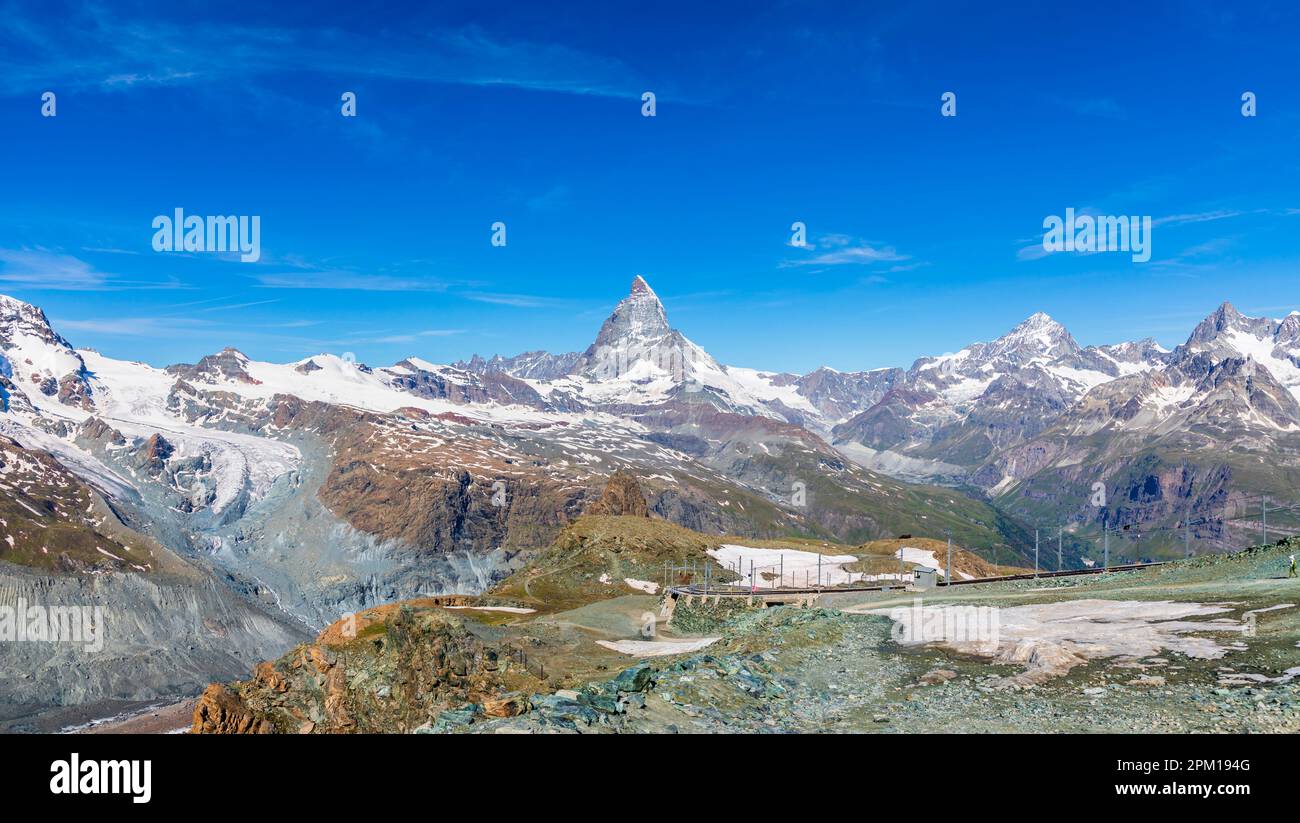 The Gornergrat, a rocky ridge of the Pennine Alps, overlooking the ...