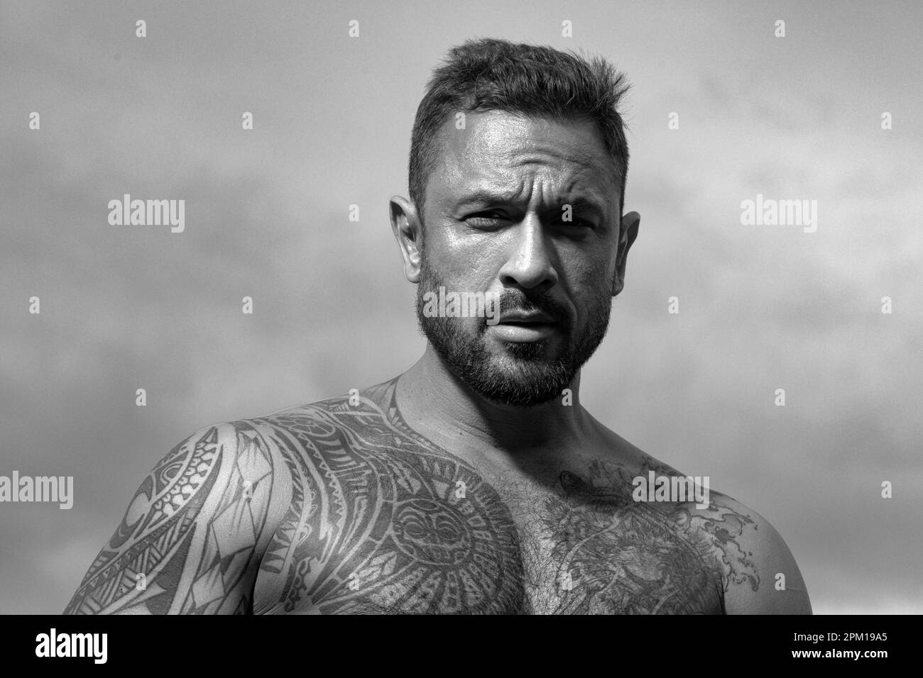 Brutal Man Handsome Serious Male Model Close Up Portrait Of Guy With