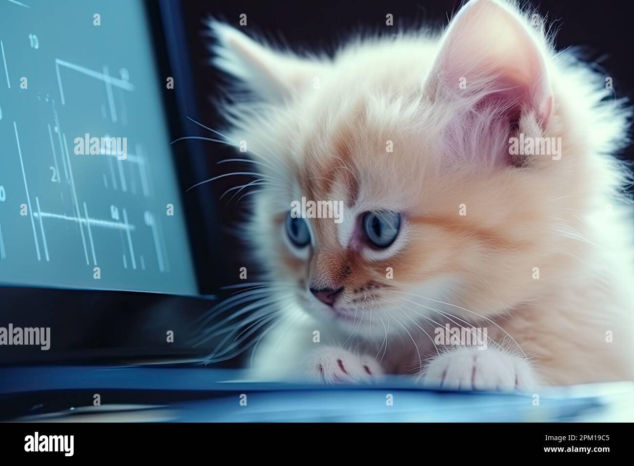 Business charts on computer screen and cute kitten. Business education ...