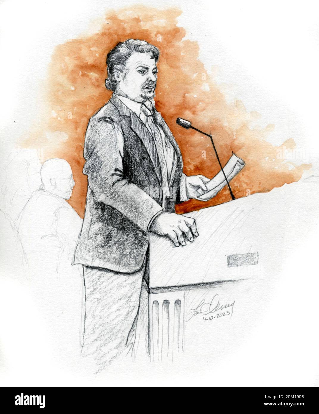 This courtroom sketch depicts defense attorney Jim Archibald speaking ...