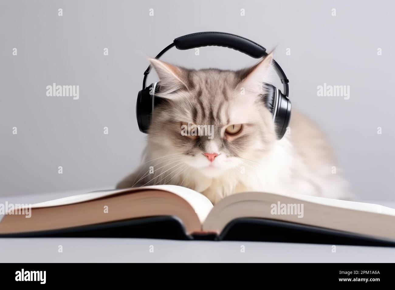 Clever cat student learning and listen to online lessons in headphones ...
