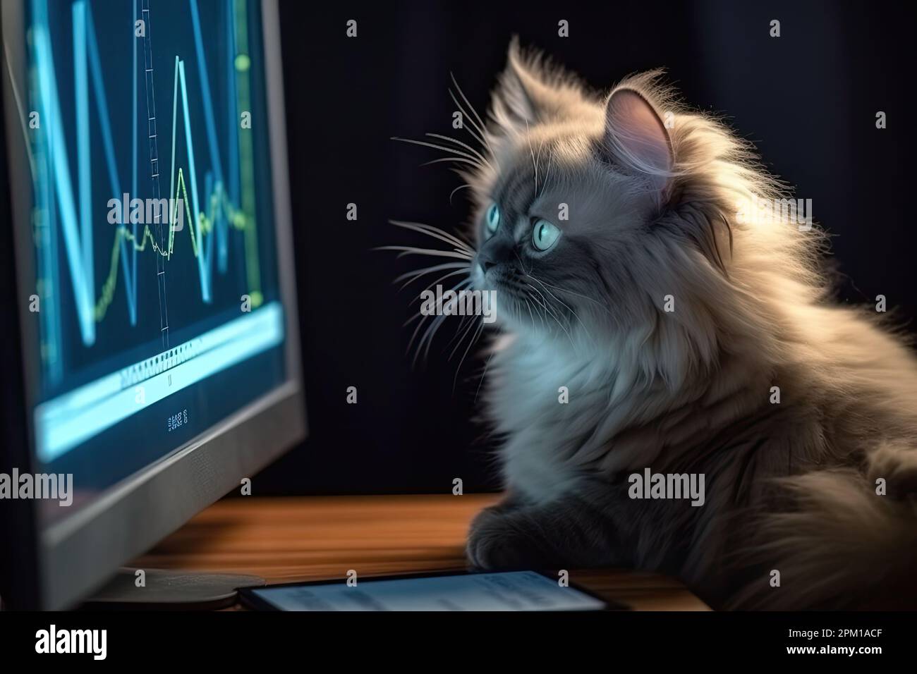 Stock graph charts on display of laptop and business cat. Stock trading ...