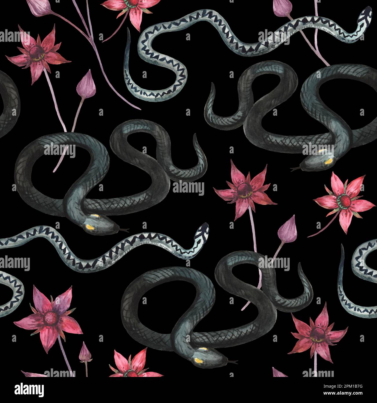 Watercolor gothic seamless pattern with black snakes and red flowers ...