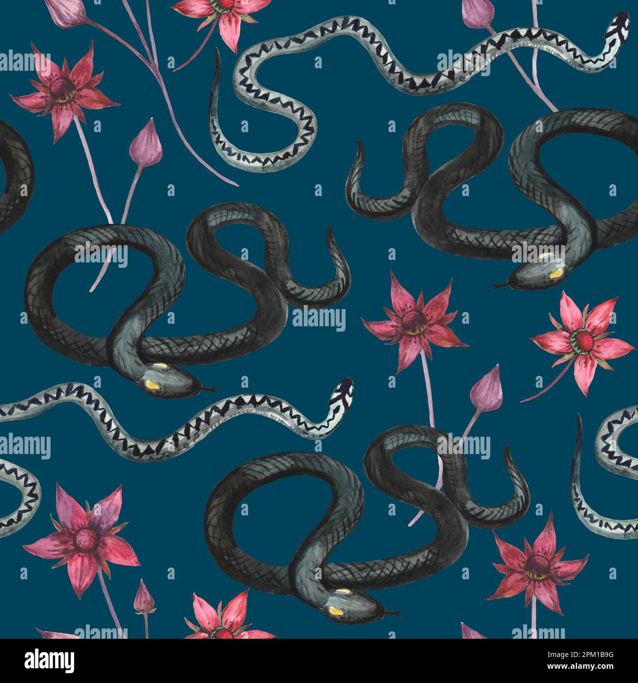 Watercolor gothic seamless pattern with black snakes and red flowers ...