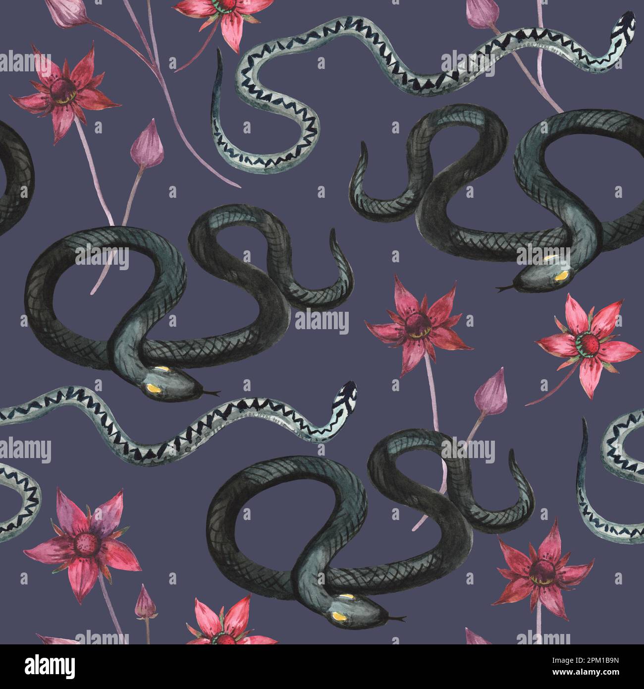 Watercolor gothic seamless pattern with black snakes and red flowers ...