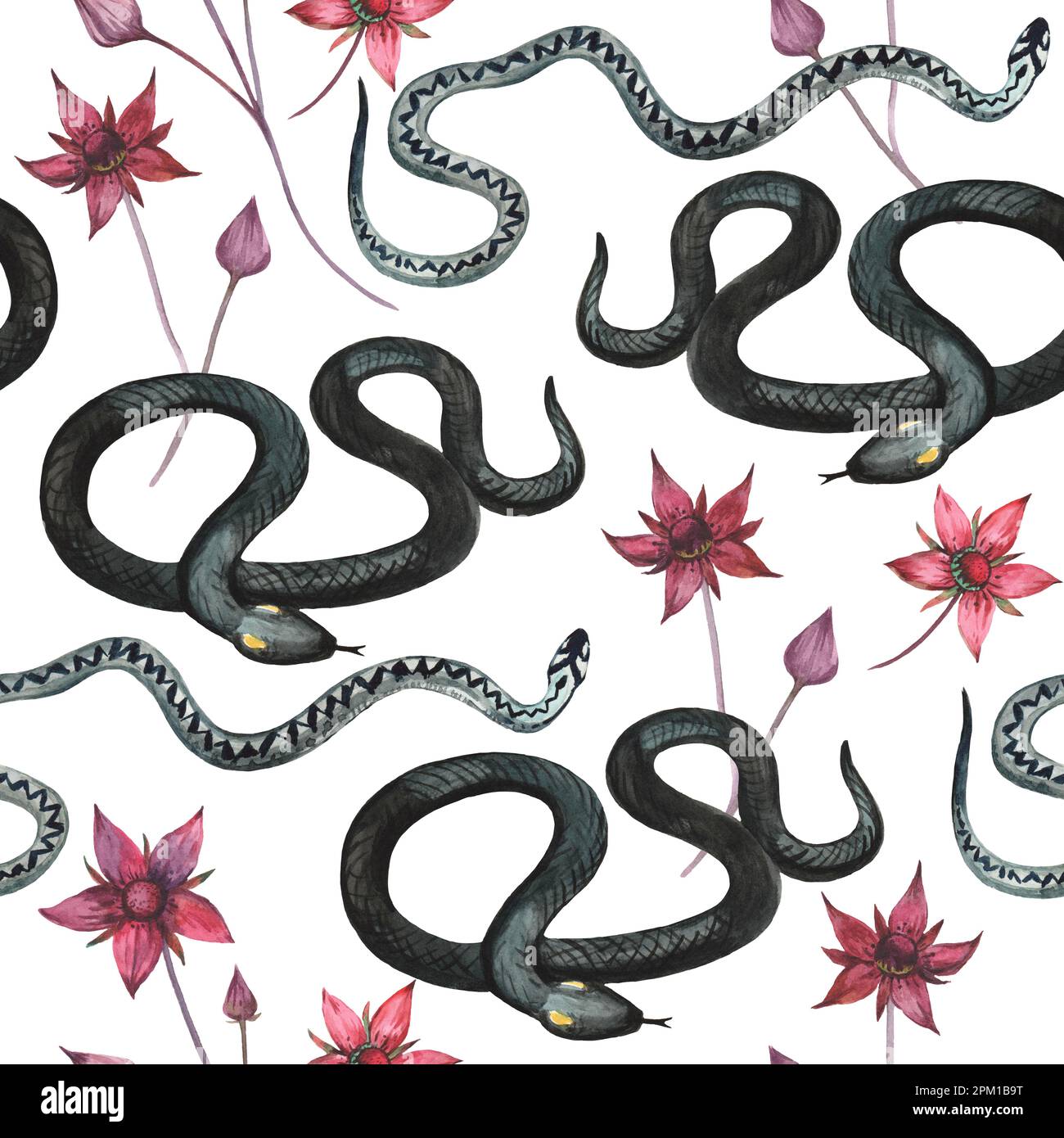 Watercolor gothic seamless pattern with black snakes and red flowers ...