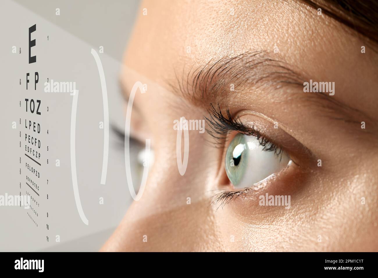 Closeup view of woman and eye chart illustration. Visiting ...
