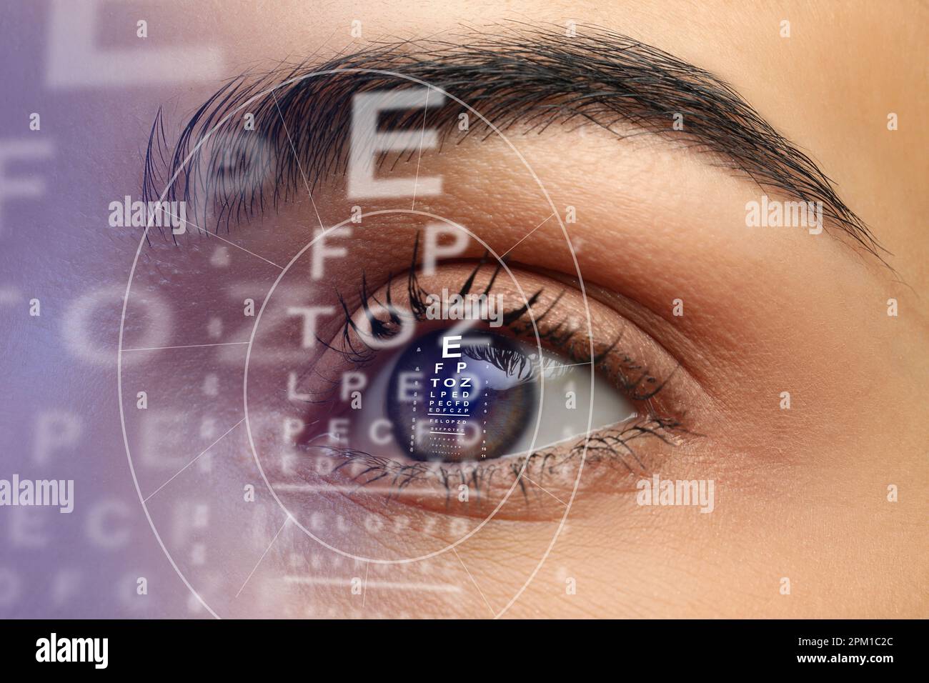 Closeup view of woman and eye chart illustration. Visiting ...