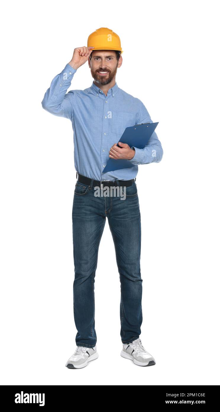 Professional engineer in hard hat with clipboard isolated on white ...