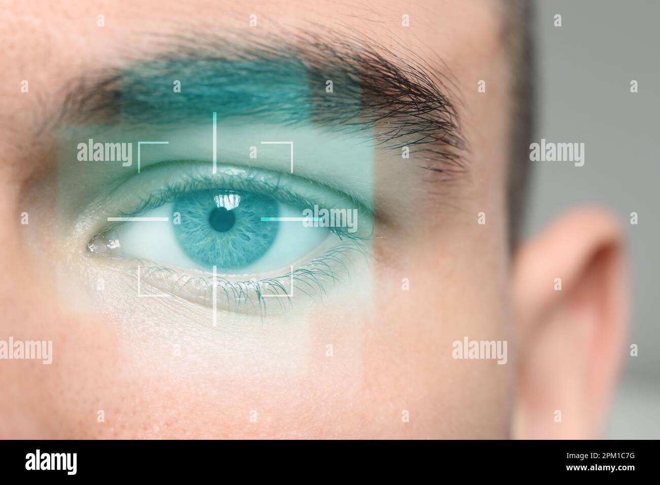 Closeup view of man and mark illustration on his eye. Vision correction ...