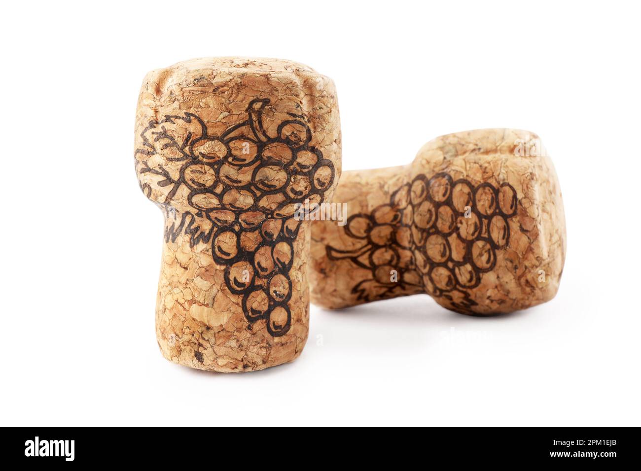 Two sparkling wine corks with grape images on white background Stock ...