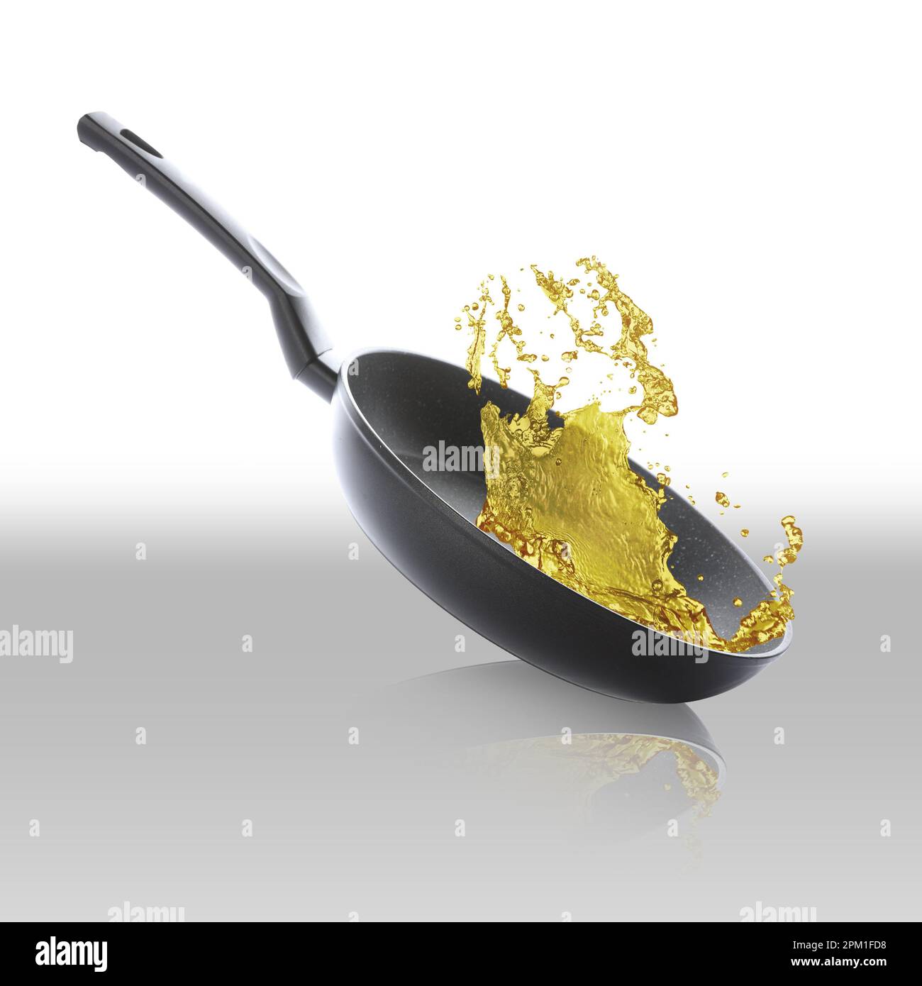 Frying pan and splashing cooking oil on white background Stock Photo ...