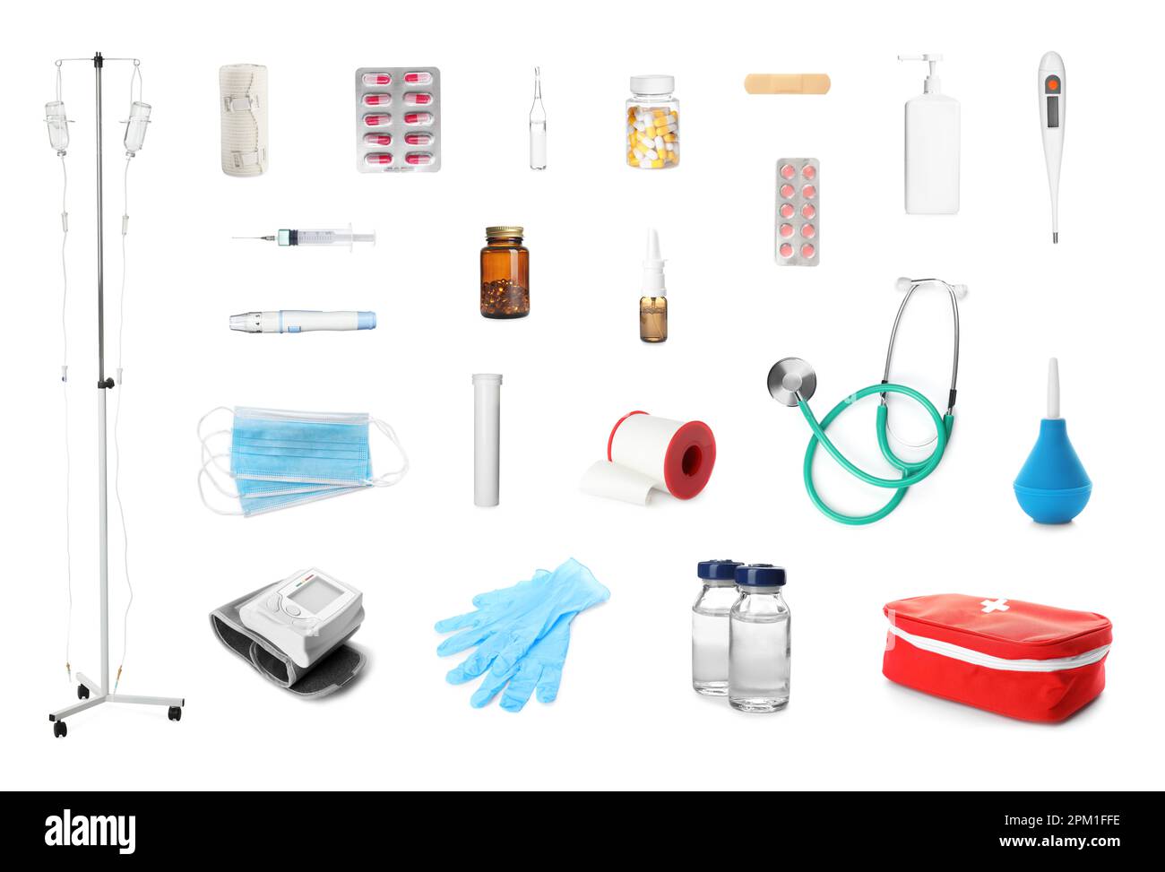 Set with drop counter stand and different medical equipment on white ...