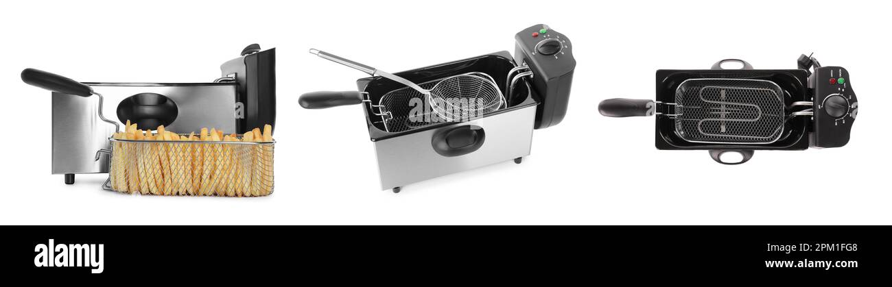 Set with modern deep fryers on white background. Banner design Stock ...