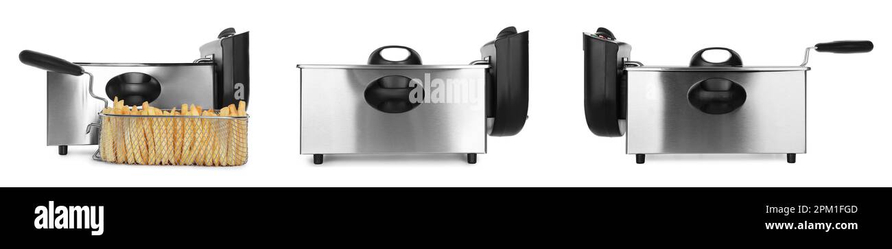 Set with modern deep fryers on white background. Banner design Stock ...