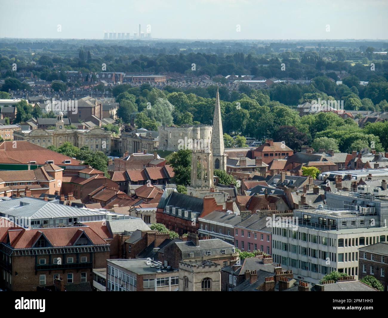 A view over the city of York in England with the towers of Drax Power ...