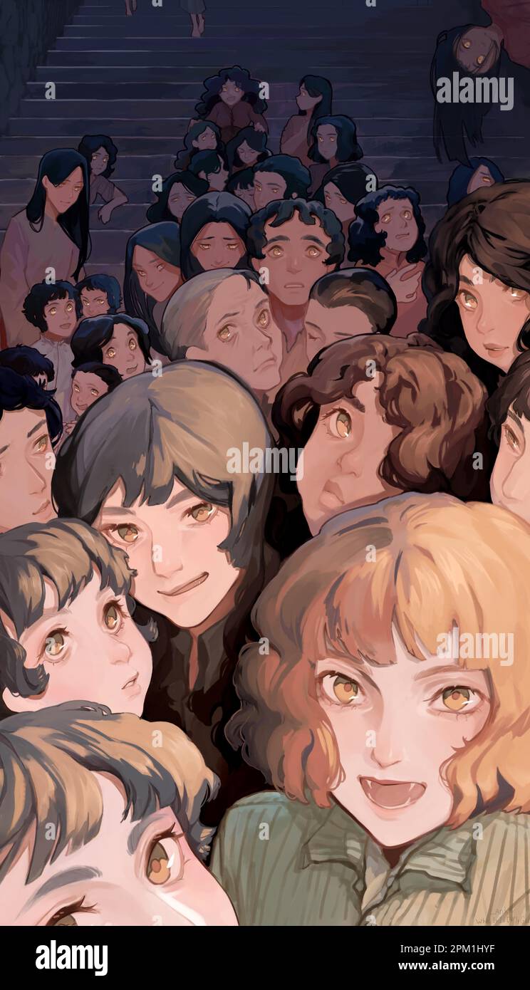 A lot of vampire girls looking in the cam with happy faces Stock Photo ...