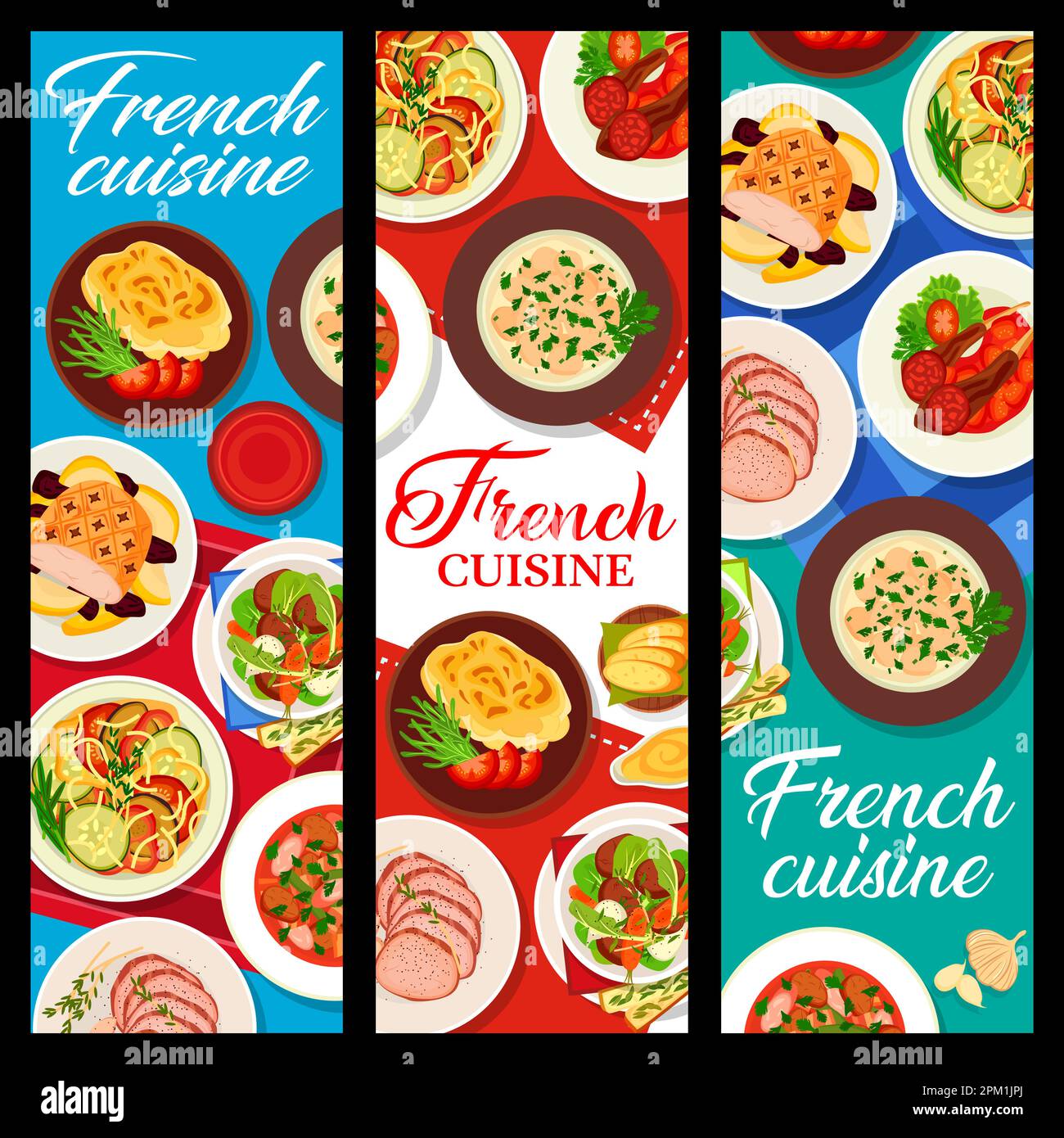 French cuisine food banners. Glazed roast pork, vegetable stew ...