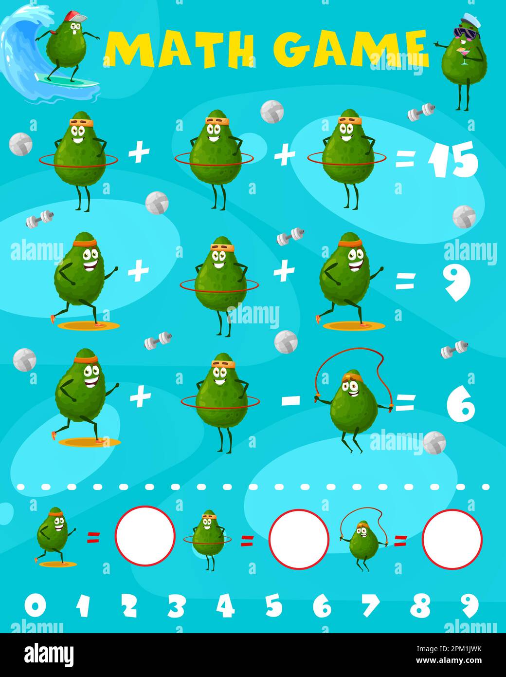 Cartoon avocado characters math game worksheet. Vector mathematics ...