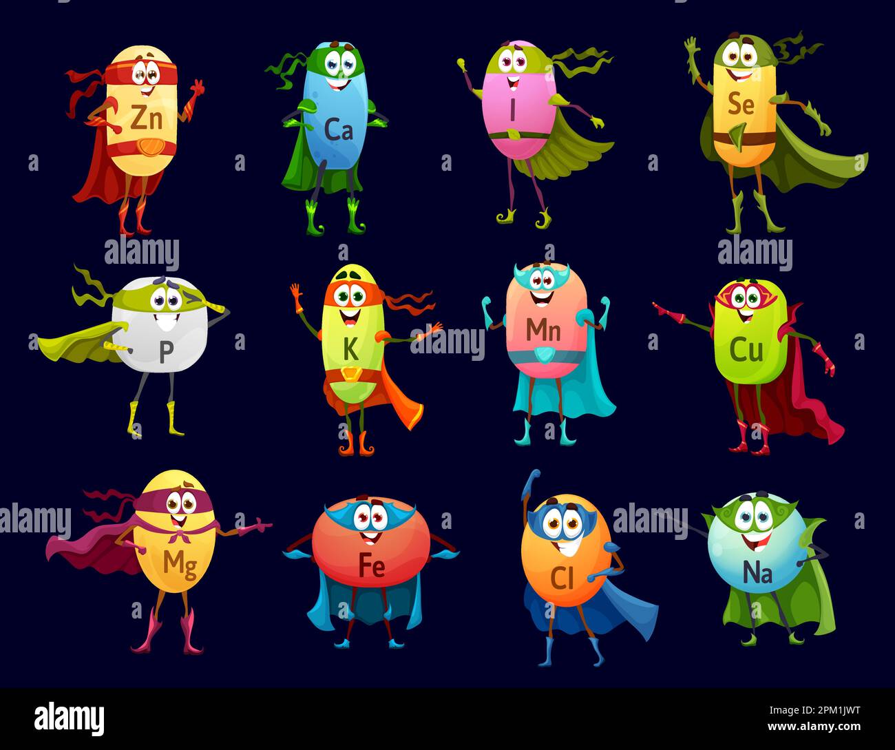 Cartoon minerals superhero and defender characters, micronutrient ...