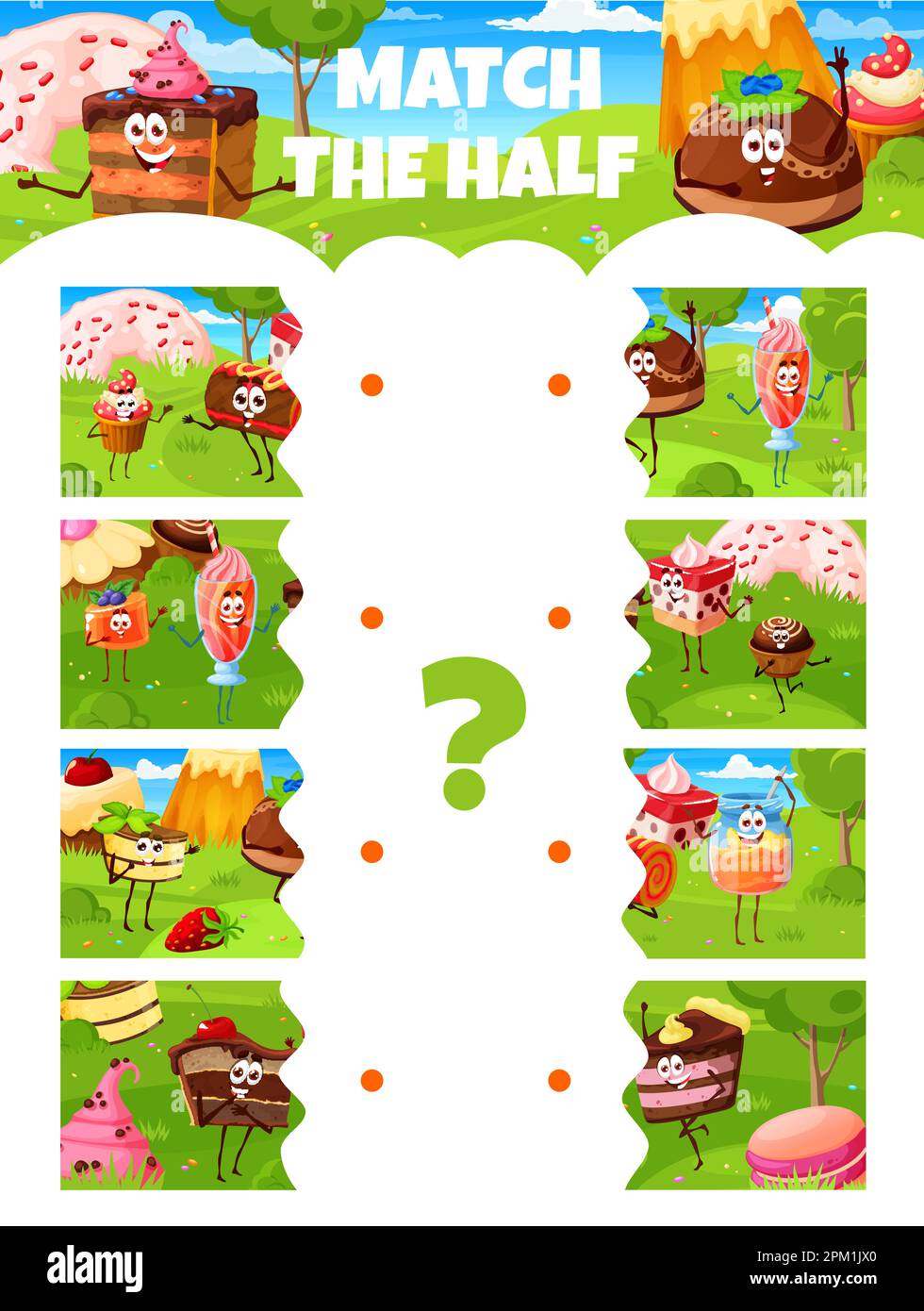 Match the half of cartoon candy, pastry and cake characters. Vector ...