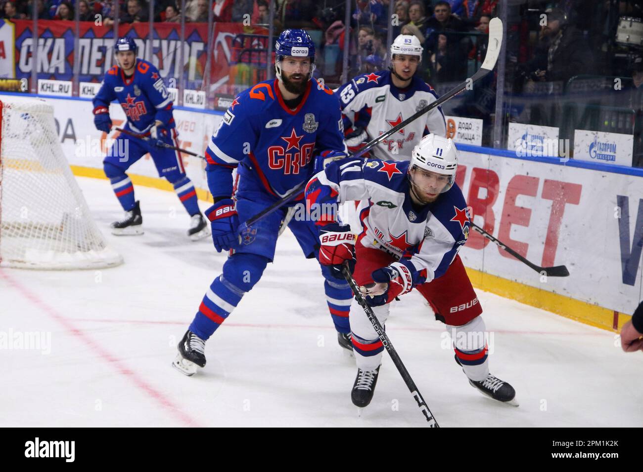 Saint Petersburg, Russia. 10th Apr, 2023. CKA Hockey Club player, Andrei Pedan (No.3) and CSKA ...