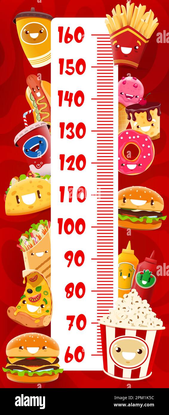 Kids height chart, cartoon cheerful takeaway fast food characters ...