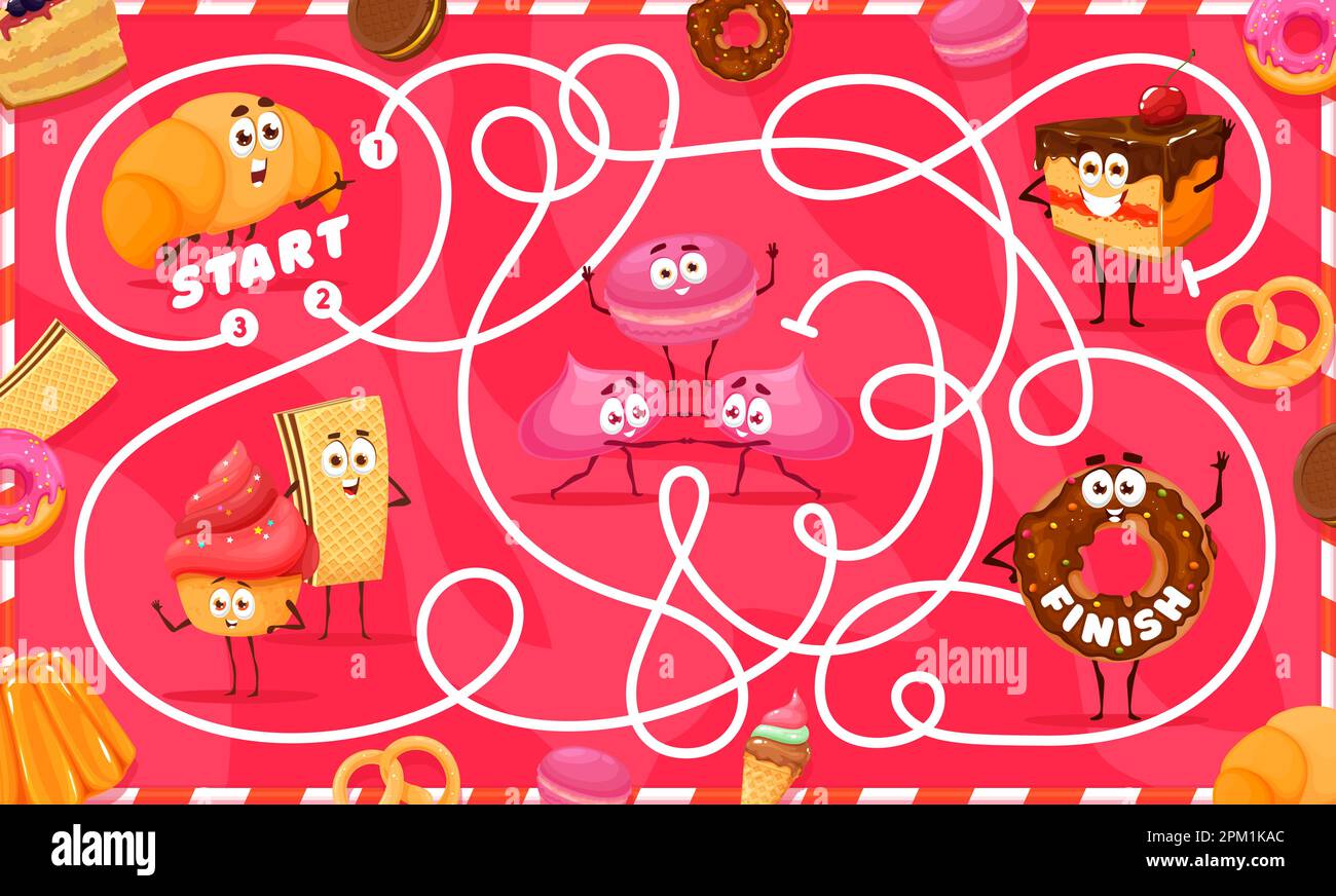 Labyrinth maze game cartoon bakery, sweets and dessert characters. Kids ...
