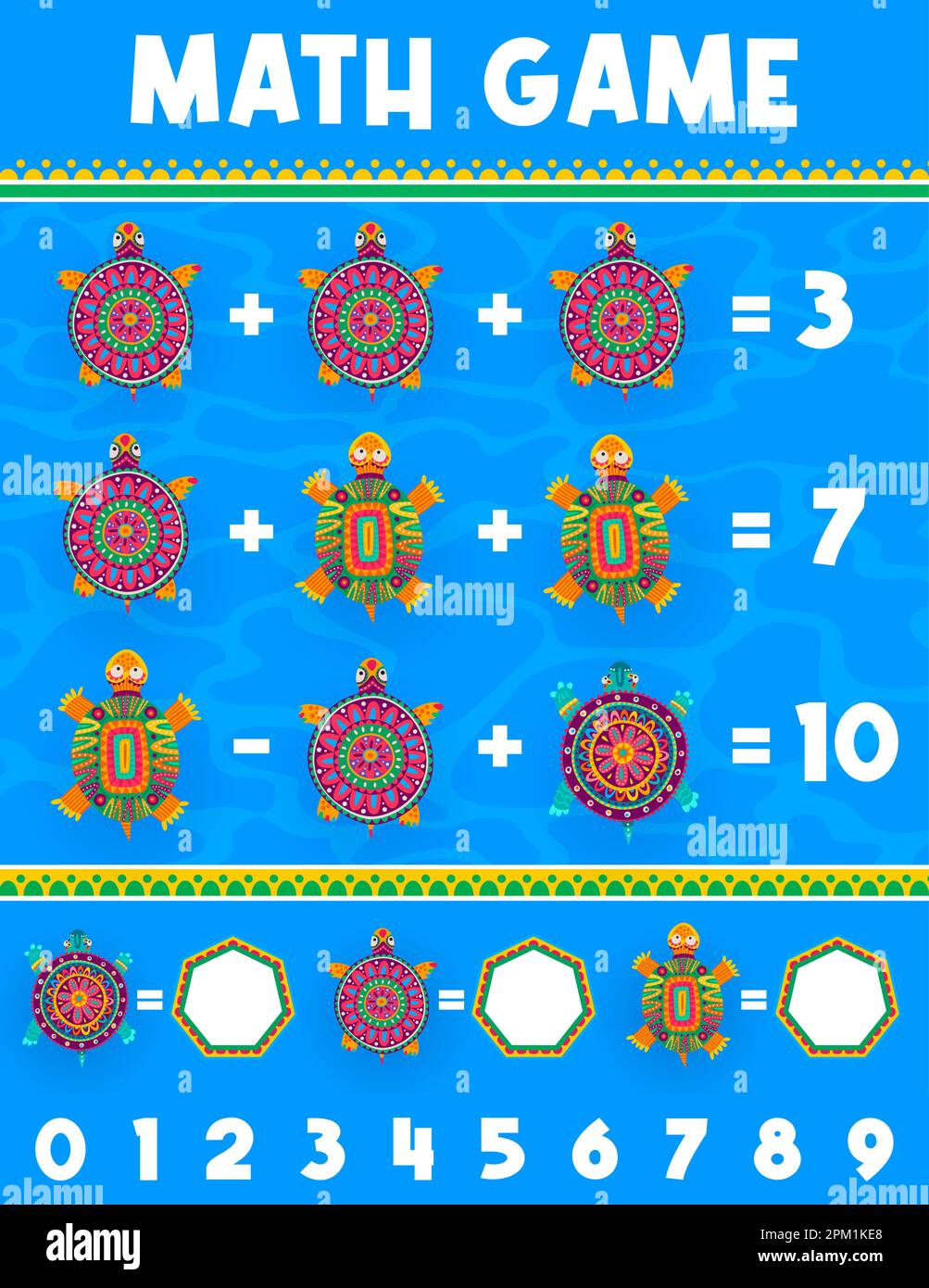 Math game worksheet mexican turtles on water. Vector mathematics test ...