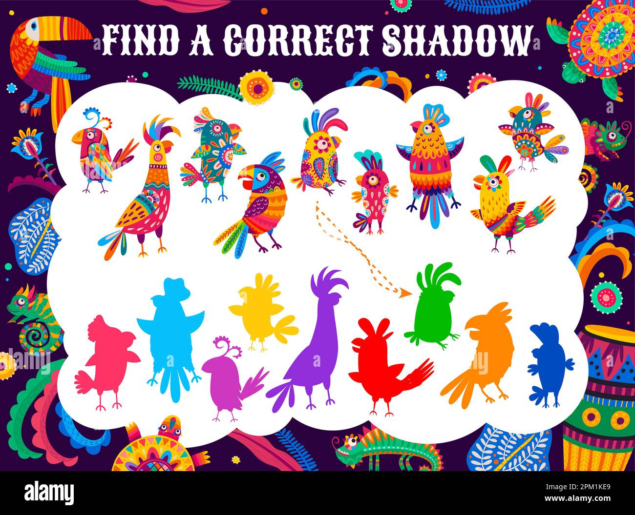 Find a correct shadow of cartoon mexican and brazilian parrots ...