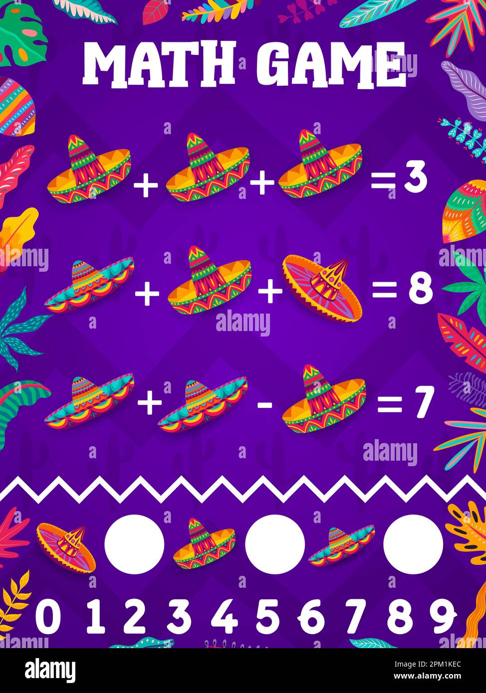 Math game worksheet mexican sombrero hats and flowers. Vector ...