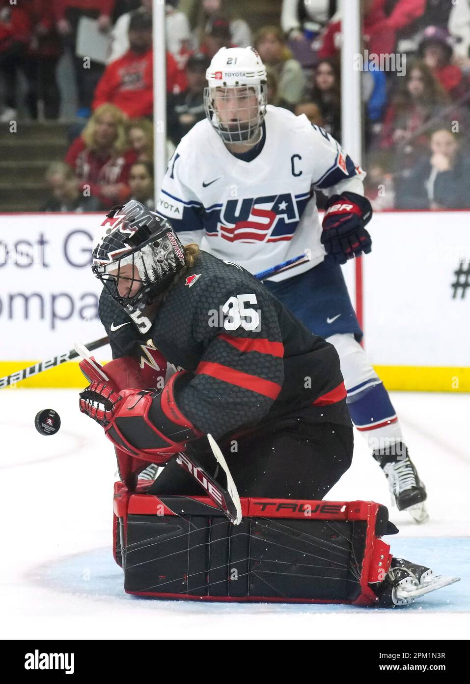 Canada goaltender Ann-Renee Desbiens (35) makes a save as USA forward ...