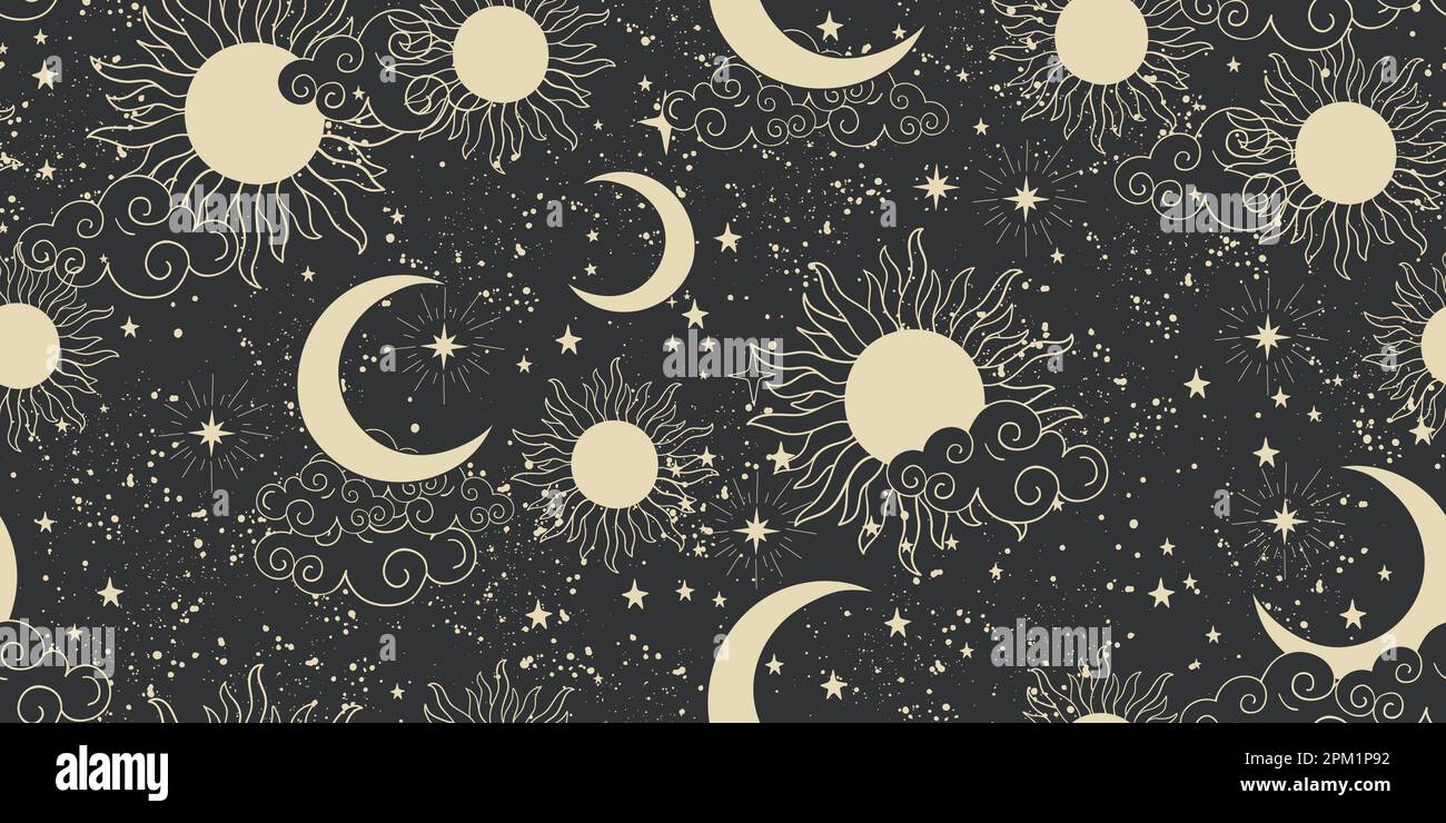 Seamless sky background with stars, sun and moon on a black background ...