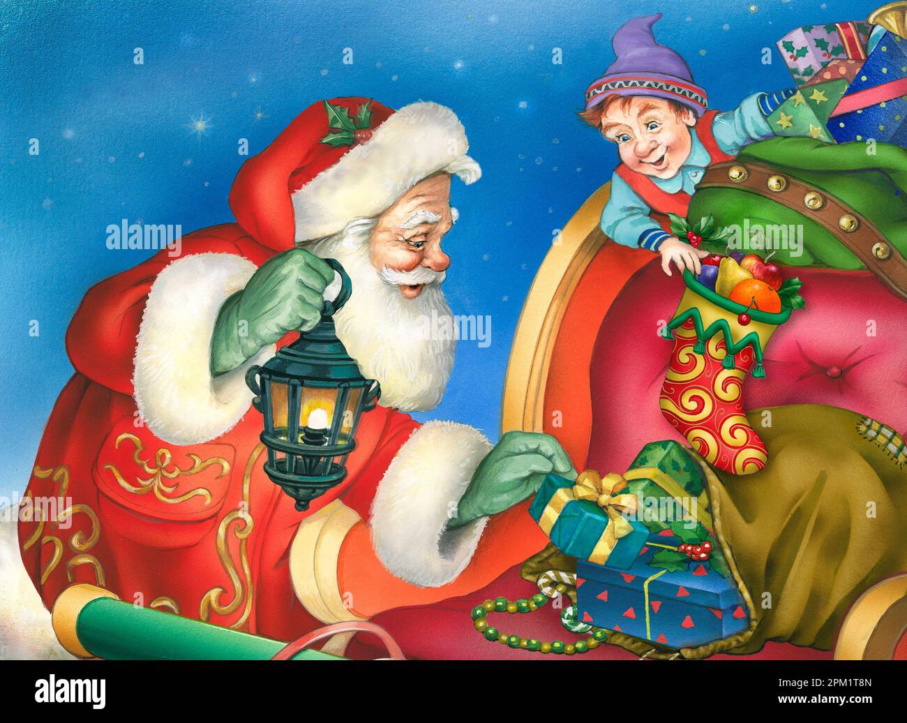 Christmas- Santa with lantern & elf filling sleigh with presents Stock ...
