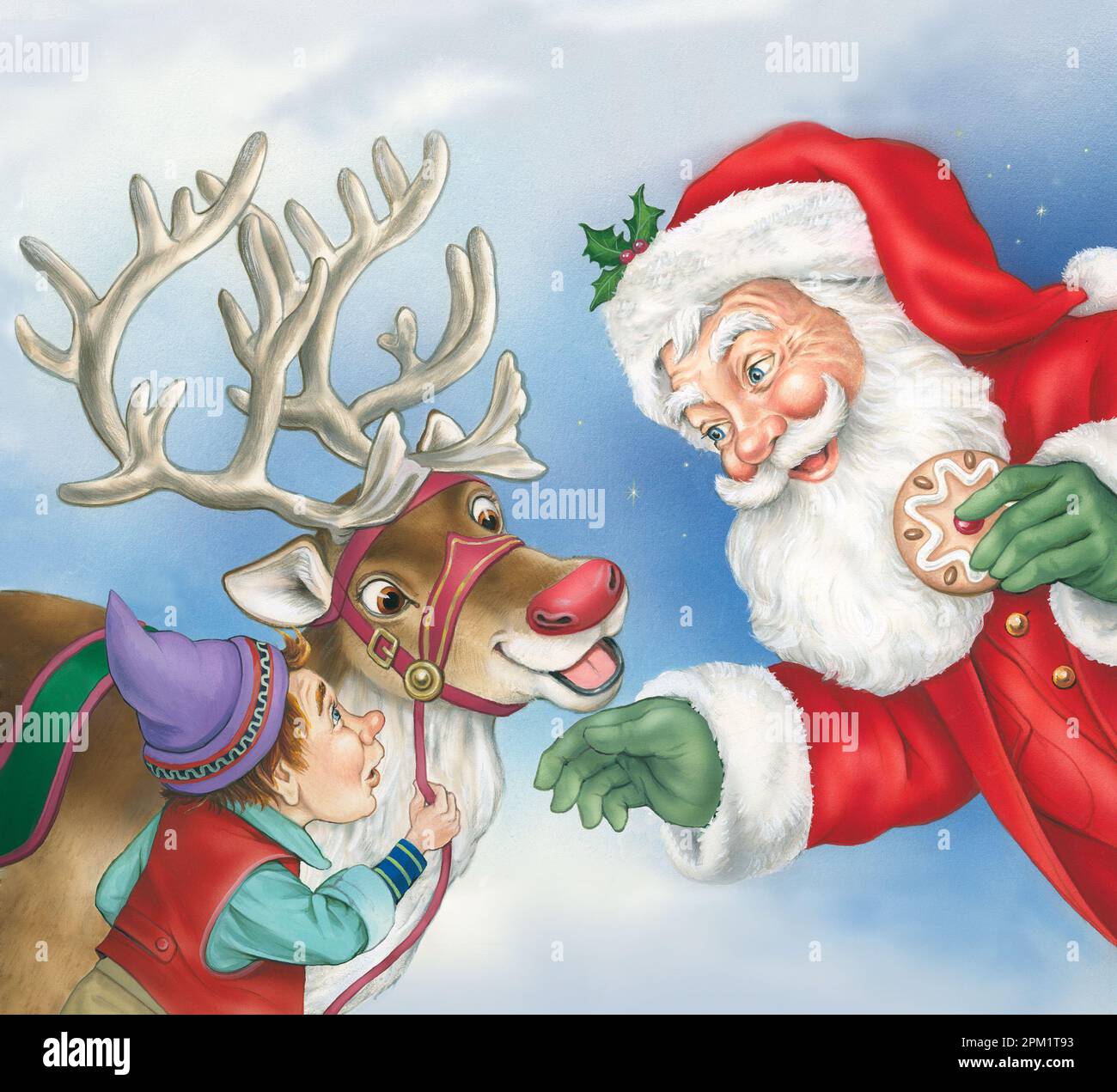 Christmas-Happy Santa with cookie for Rudolph With elf Stock Photo - Alamy