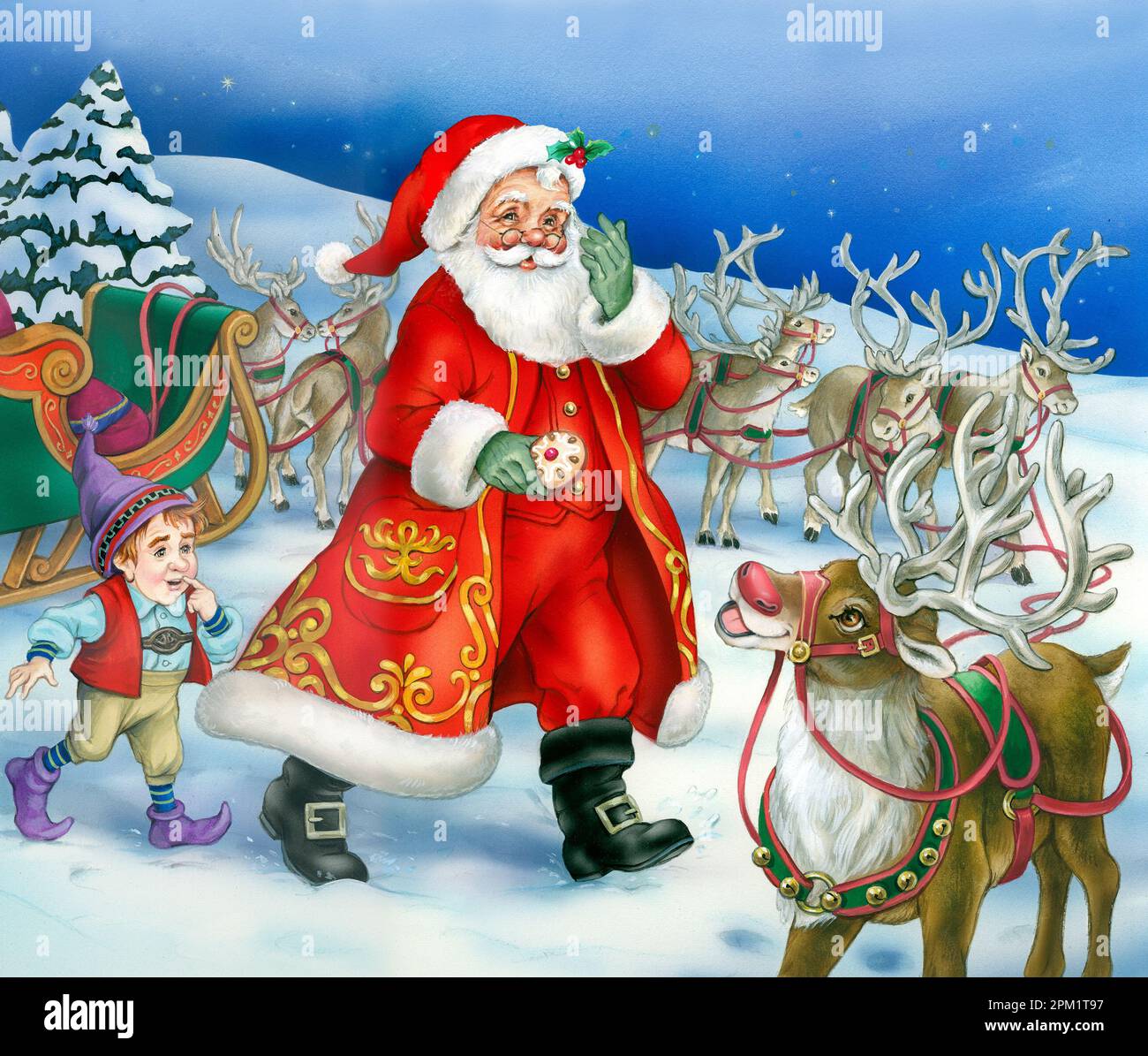 Christmas-Santa with cookie for Rudolph & elf in snow scene Stock Photo ...